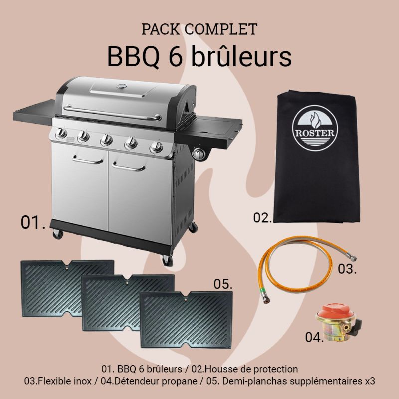 Barbecue gaz ROSTER triple grille 6 brûleurs (5+1 latéral)