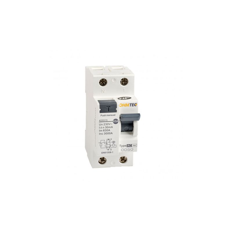 Interrupteur différentiel 63A 300mA type AC NF 1P+N 3kA OHMTEC